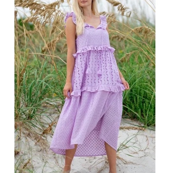 Bindu | Dresses | Bindu Dominique Lavender Eyelet Tiered Ruffle Midi ...